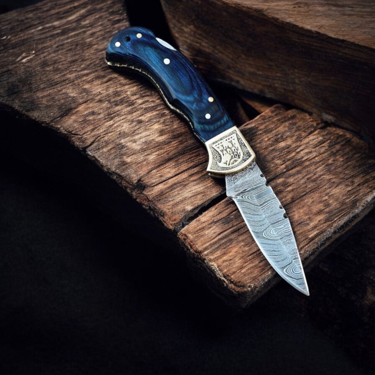 Handmade Damascus Folding Knife with Exotic Wood Handle & Engraved Bra ...