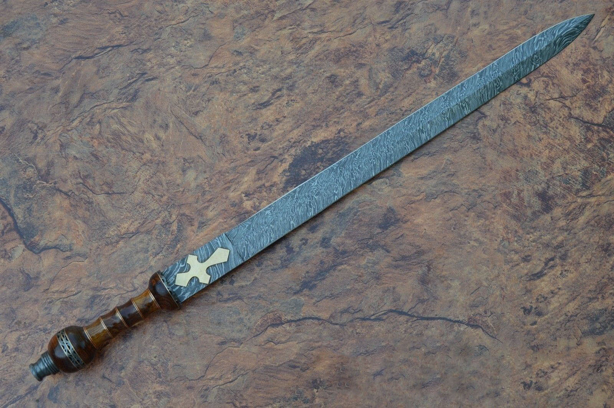 Custom Handmade Damascus Steel Sword With Leather Sheath A-141 | Arham ...