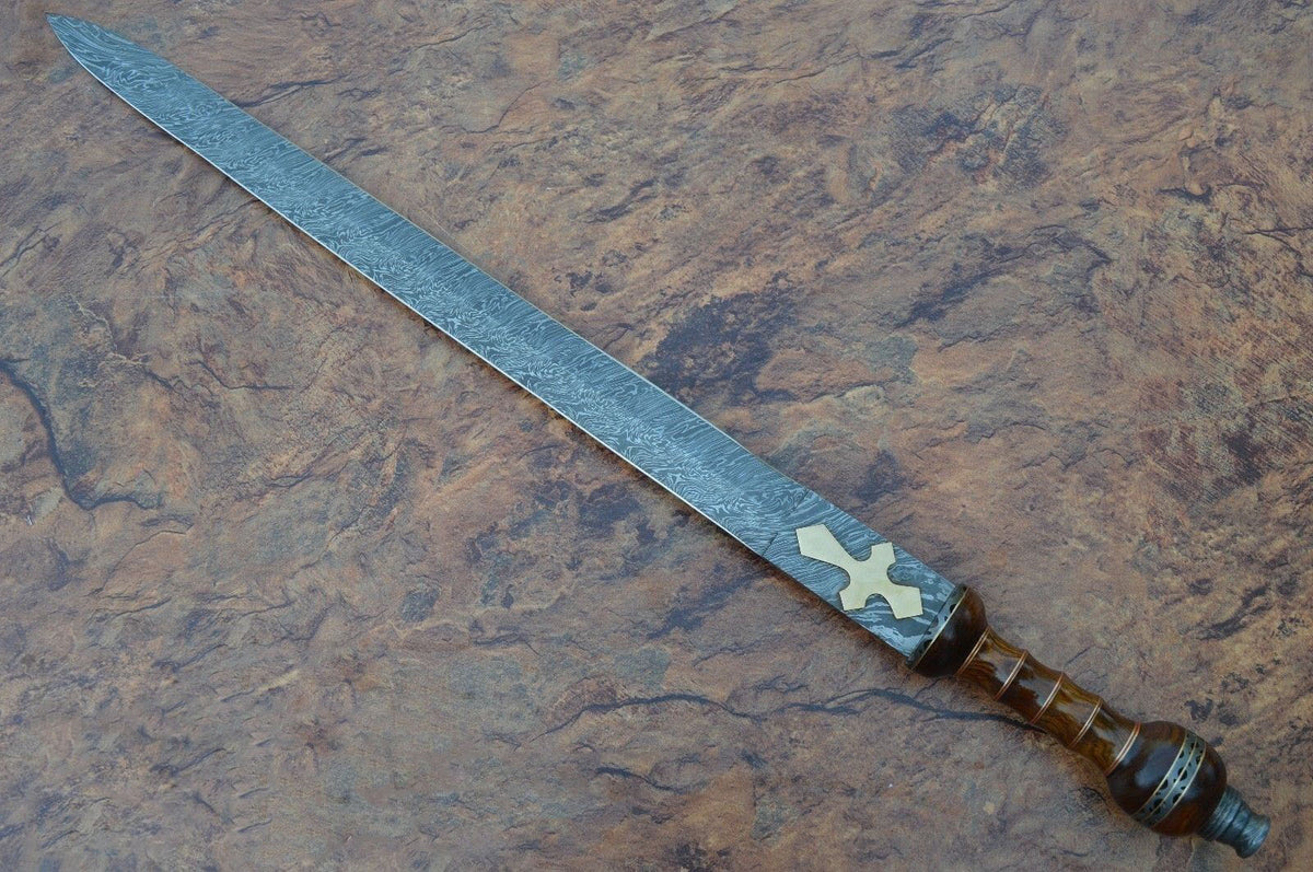 Custom Handmade Damascus Steel Sword With Leather Sheath A-141 | Arham ...